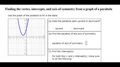 Finding the vertex, intercepts, and axis of symmetry from a graph of a ...